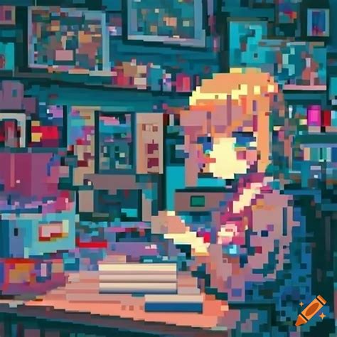 Pixel Art Collection Of Anime Girl Wall Posters In An Otaku Bedroom With A Computer On A Desk On
