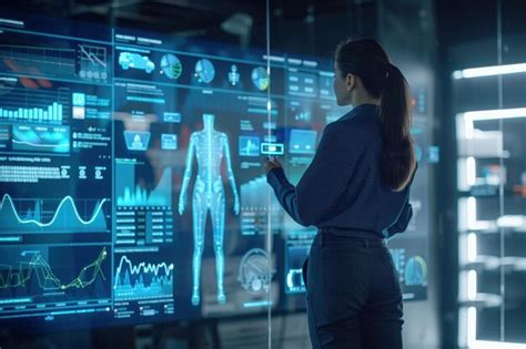 A Woman Stands Before A Large Screen Displaying Various Data