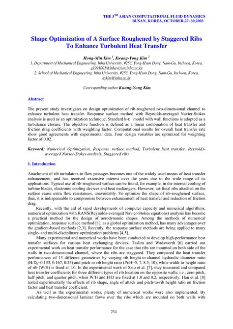 Pdf Shape Optimization Of A Surface Roughened By Staggered Ribs To Enhance Turbulent Heat Transfer