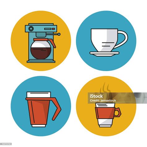 도자기 컵과 항아리 커피 메이커 커피의 아이콘으로 다채로운 원형 프레임 흰색 배경 갈색에 대한 스톡 벡터 아트 및 기타 이미지 갈색 검은색 고객 Istock