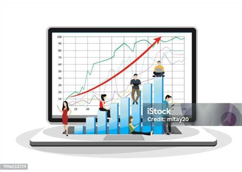 비즈니스 그래프 성장 개념 벡터 일러스트는 팀으로 일하고 성장 차트에 앉아 전문 사람들의 그림 랩톱을 사용하여 비즈니스를 개발하는 플랫 사람들 플랫 남녀 큰 노트북에 여자