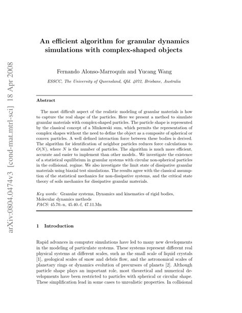 Pdf An Efficient Algorithm For Granular Dynamics Simulations With