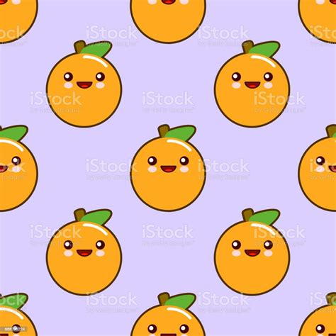 오렌지 보라색 배경에 귀여운 과일 귀여운 캐릭터와 완벽 한 패턴 평면 벡터 일러스트 레이 션 디자인 건강한 생활방식에 대한 스톡