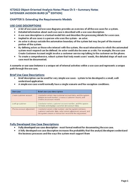Ict2622 Object Oriented Analysis Summary Notes Phase Ch 5 Satzinger Jackson Burd 6th Ed Pdf