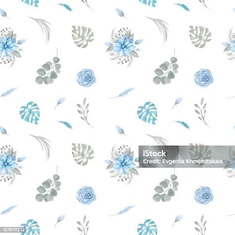 흰색 배경에 꽃 푸른 꽃과 녹지의 수채화 원활한 패턴 로즈 목련 잎 열대 잎 유칼립투스의 지점 식물 원소 0명에 대한 스톡 벡터 아트 및 기타 이미지 Istock