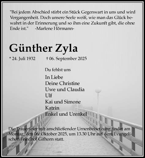 Traueranzeigen Von Günther Zyla Trauer Anzeigen De