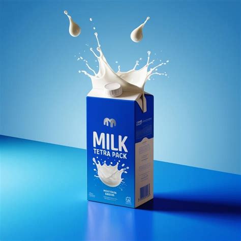 Milk Tetra Pack Carton Box Or Packaging And Splash Of Milk On Blue
