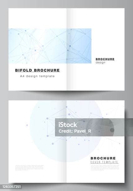 이중 브로셔 전단지 잡지 커버 디자인 책 디자인 브로셔 커버를 위한 두 개의 A4 포맷 커버 모형 템플릿의 벡터 레이아웃 연결 라인과 점 신경총과 파란색 의료 배경 0명에