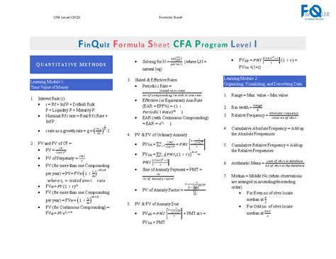 Cfalevel 1formula Sheet 2023 Quantitative Methods Cfa Level I 2023 Formula Sheet Finquiz