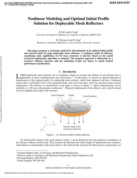 Pdf Nonlinear Modeling And Optimal Initial Profile Solution For Deployable Mesh Reflectors