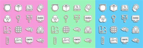 세트 라인 레드 아이 효과 노트북과 기어 Rgb Cmyk 커서 돋보기 색상 혼합 서클 베지어 곡선및 페인트 브러시 아이콘과 음성 거품 벡터 3차원 형태에 대한 스톡 벡터