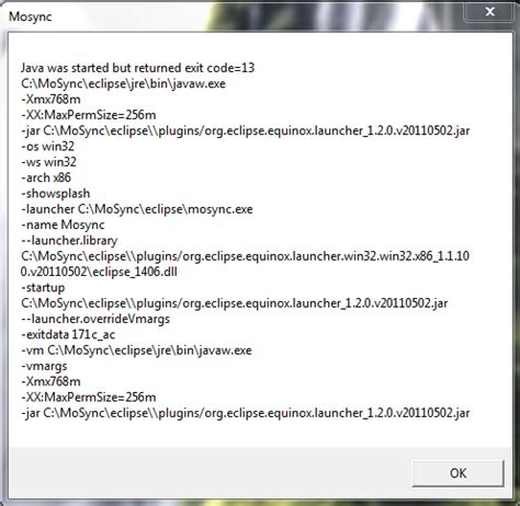Android MoSync Java Started But Returned Exit Code 13 Stack Overflow