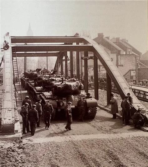 Pershing Tanks In A Line On A New Bridge In Auvelais Belgium The