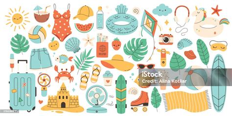 여름 방학 스티커의 큰 세트 여름 스포츠 레저 음식 옷 물건 평면 스타일의 벡터 일러스트 레이 션 게 해산물에 대한 스톡 벡터 아트 및 기타 이미지 Istock