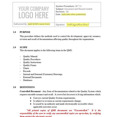 Iso 9001 2015 Document And Record Control Template With Log And Procedure Section 7 5 Etsy