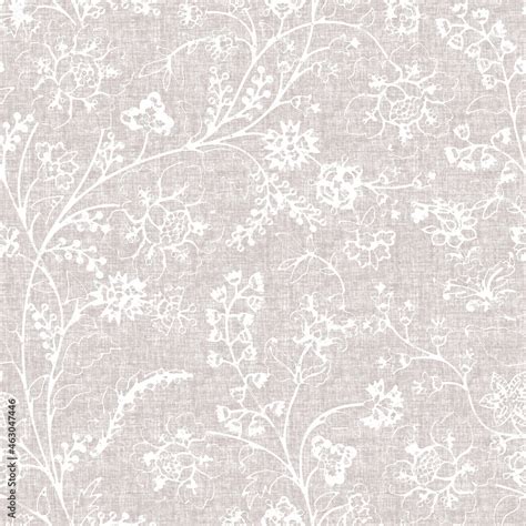 Ecru Beige Linen Texture Background Printed With Flowers Natural