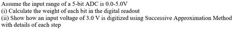 Solved Assume The Input Range Of A 5 Bit Adc Is 00 50v Calculate The Weight Of Each Bit In