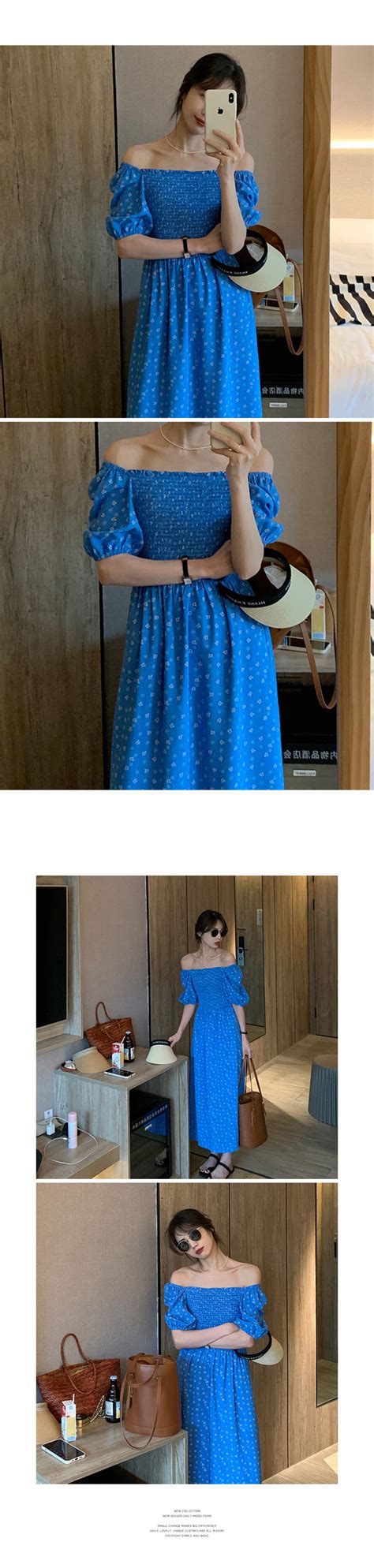 로아 스모크 오프숄더 원피스 여름 스퀘어 나염 프린팅 롱 플레어 플리츠 A라인 벌룬 퍼프 배색 여름휴가 바캉스 휴양지 수영복 스윔