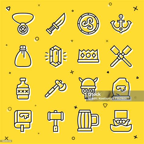 세트 라인 바이킹 선박 Drakkar 마법의 룬 노 또는 외륜선 방패 바이킹 보석 돌 오래된 돈 가방 보석 및 왕관 아이콘이 있는 목걸이 벡터 가방에 대한 스톡 벡터 아트