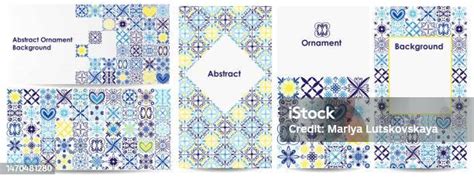 파란색 타일 배경입니다 손으로 그린 곡선과 꽃 모자이크 지중해 또는 아랍 세라믹 포스터 또는 배너 카드 또는 메뉴 커버 노트북 인쇄 텍스트 복사 공간 동양 장식 벡터