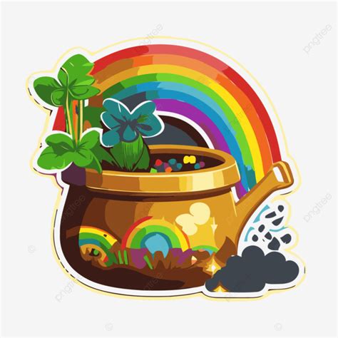 아일랜드 무지개 옆에 있는 토끼풀 냄비 벡터 고립 된 금 무지개의 만화 냄비와 스티커 디자인 상표 Png 일러스트 및 벡터 에 대한 무료 다운로드 Pngtree