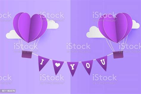 발렌타인 하루 바이올렛 Pantone 하늘 부부 신혼 여행 또는 게이 애 인 벡터 일러스트 배경 심장 Float와 구름을 통해 비행 하는 풍선의 종이 스타일 사랑 결혼식에