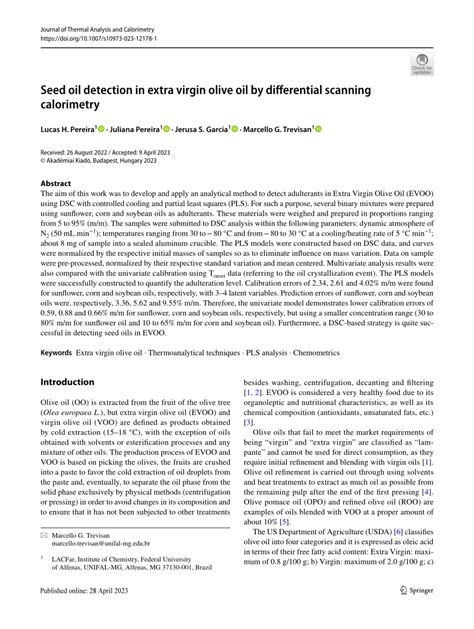 Pdf Seed Oil Detection In Extra Virgin Olive Oil By Differential Scanning Calorimetry