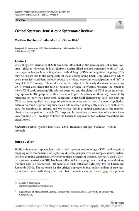 Pdf Critical Systems Heuristics A Systematic Review