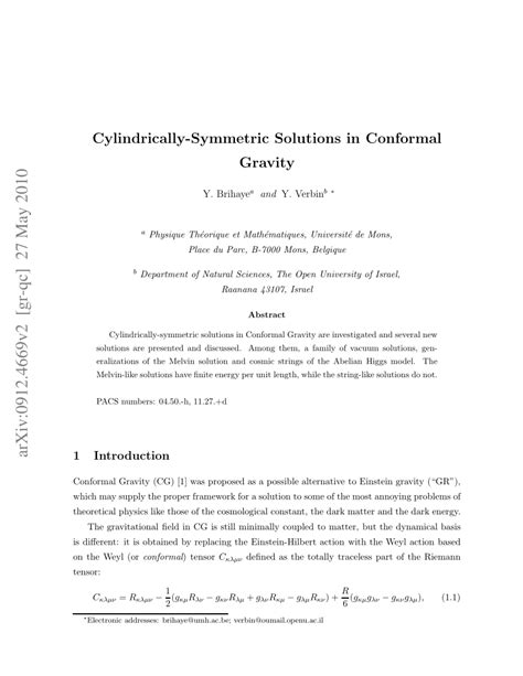 Pdf Cylindrically Symmetric Solutions In Conformal Gravity