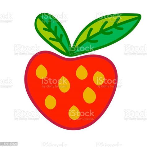 녹색 잎과 흰색 배경에 고립 된 노란색 씨앗 귀여운 다채로운 만화 빨간 딸기 벡터 그림입니다 건강한 생활방식에 대한 스톡 벡터