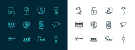 회선 이전 키 비밀번호가 있는 노트북 모바일 지문 스캐너 사이버 보안 방패 잠금 잠금 및 아이콘을 설정합니다 벡터 Brand Name Smart Phone에 대한 스톡 벡터