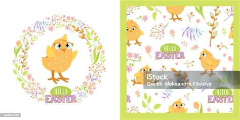 꽃화환에 귀여운 노란 병아리 안녕하세요 부활절 텍스트부활절 다채로운 그림과 원활한 패턴 벡터 만화 0명에 대한 스톡 벡터 아트