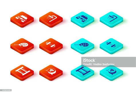 세트 호텔 룸 베드 Wifi 무선 인터넷 볼테니스 라켓 아령 샤워 및 택시 자동차 아이콘 벡터 3차원 형태에 대한 스톡 벡터 아트 및 기타 이미지 Istock