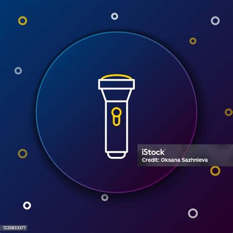 어두운 파란색 배경에 격리 된 흰색과 노란색 선 손전등 아이콘입니다 컬러풀한 아웃라인 컨셉 벡터 일러스트레이션 0명에 대한 스톡
