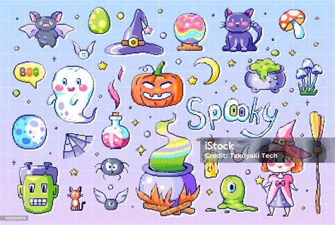 픽셀 아트 할로윈 괴짜 스티커 세트 귀여운 마녀 호박 유령 촛불 박쥐 거미 기분 및 별과 같은 8 비트 복고풍 게이머 할로윈 물건 라벨 스티커 및 이모티콘에 대한 벡터