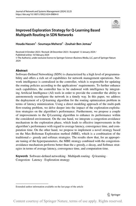 Improved Exploration Strategy For Q Learning Based Multipath Routing In Sdn Networks