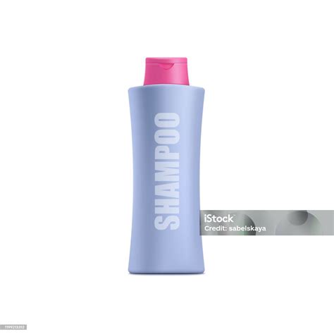 Botol Sampo Biru Berwarnawarni Dengan Topi Merah Muda Mockup Realistis