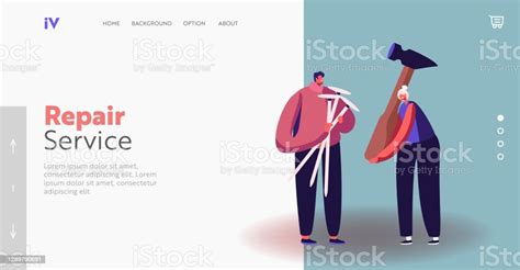 제화 기술자 또는 핸디맨 서비스 방문 페이지 템플릿 신발 수리를위한 거대한 손톱과 망치를 들고 작은 문자 개념에 대한 스톡 벡터 아트 및 기타 이미지 Istock