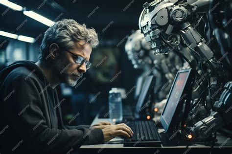 Premium Photo Engineer In Front Of A Computer And Programming Robots In Factory Programming
