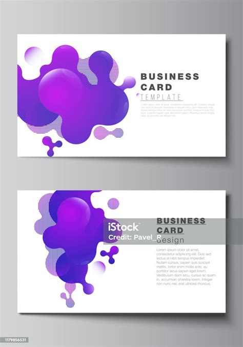 두 개의 창조적 인 명함 디자인 템플릿의 편집 가능한 레이아웃의 최소 추상 벡터 그림 유체 그라데이션 액체 파란색 색 기하학적 요소와 검은 색 배경 0명에 대한 스톡 벡터