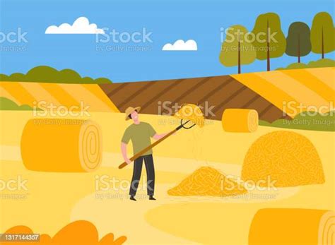 스택 벡터 일러스트레이션에서 피치포크 수집 건초를 들고 밀짚 모자에 남자 농부 공동체에 대한 스톡 벡터 아트 및 기타 이미지 공동체 남성 남자 Istock