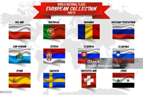현실적인 공식 세계 국기 흔들리는 에디션의 집합입니다 벡터 일러스트 맵 배경입니다 유럽 컬렉션 폴란드 포르투갈 루마니아 러시아 러시아 연방 산마리노 세르비아 슬로바키아 슬