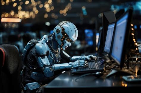 Humanmachine Collaboration Ai 로봇이 인간과 함께 일하는 미래형 장면 프리미엄 사진