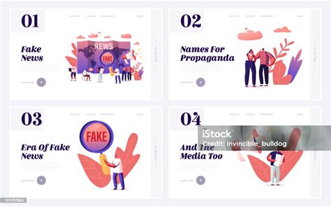 가짜 뉴스 정보 허위 정보 및 험담 방문 페이지 템플릿 세트 거짓 스캔들 정보와 신문과 인터넷 기사를 읽는 사람들 뉴스 속보 만화 벡터 일러스트레이션 지도에 대한 스톡 벡터