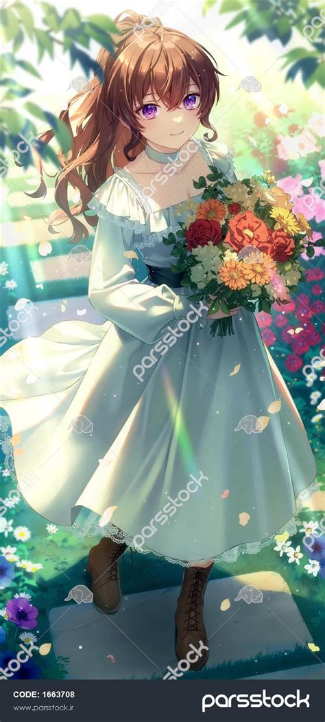 انیمه دختری با موهای قهوه ای و پیراهن سفید در پارک و دسته گل در دستش 1663708