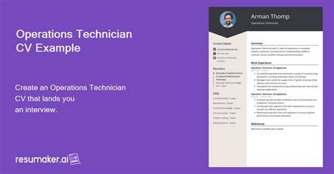 Operations Technician CV Job Description Sample Guide