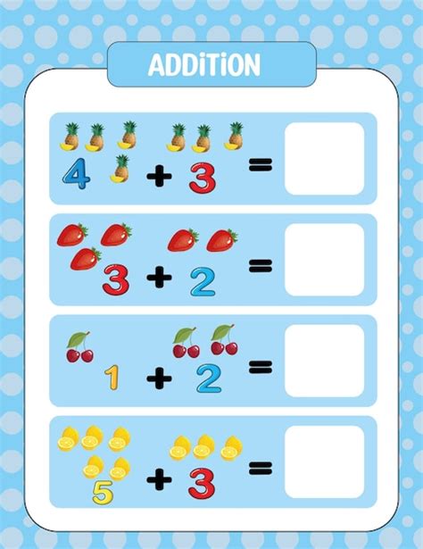 어린이를 위한 취학 전 추가 수학 워크시트 템플릿 프리미엄 벡터