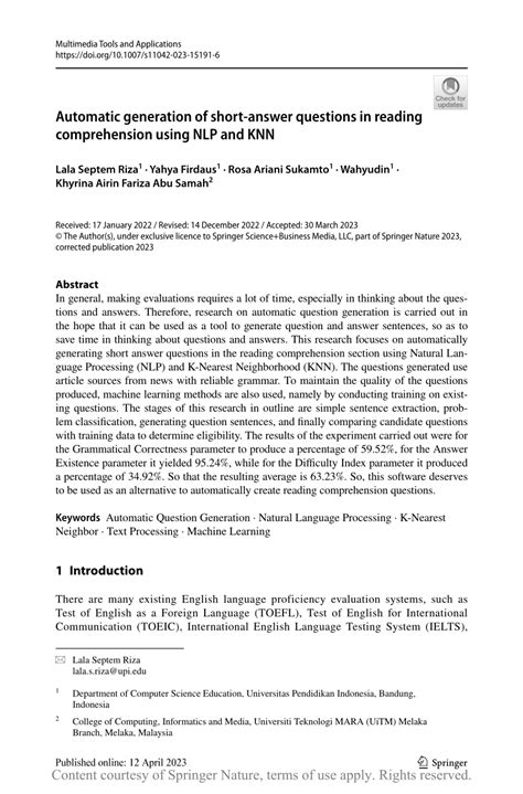 Automatic Generation Of Short Answer Questions In Reading Comprehension Using Nlp And Knn