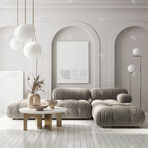 模拟海报框架在现代室内背景，客厅，装饰艺术风格，3d渲染，3d插图