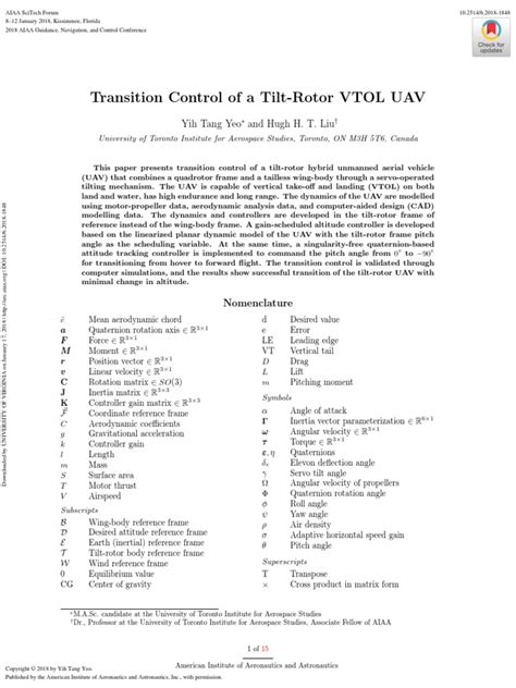 Transition Control Of A Tilt Rotor Vtol Uav Yih Tang Yeo And Hugh H T Liu Pdf Control
